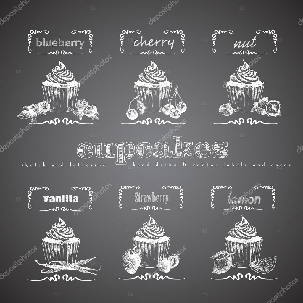 Cupcakes hand drawn collection. Vector vintage illustration with cherry, blueberry, vanilla, nut ...