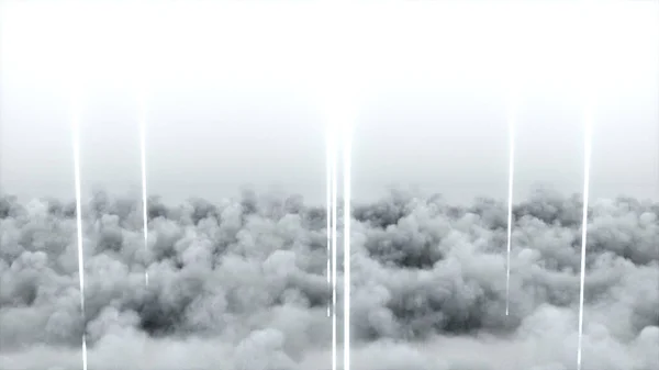 Cumulus dense clouds and neon direct rays, computer generated. View ...