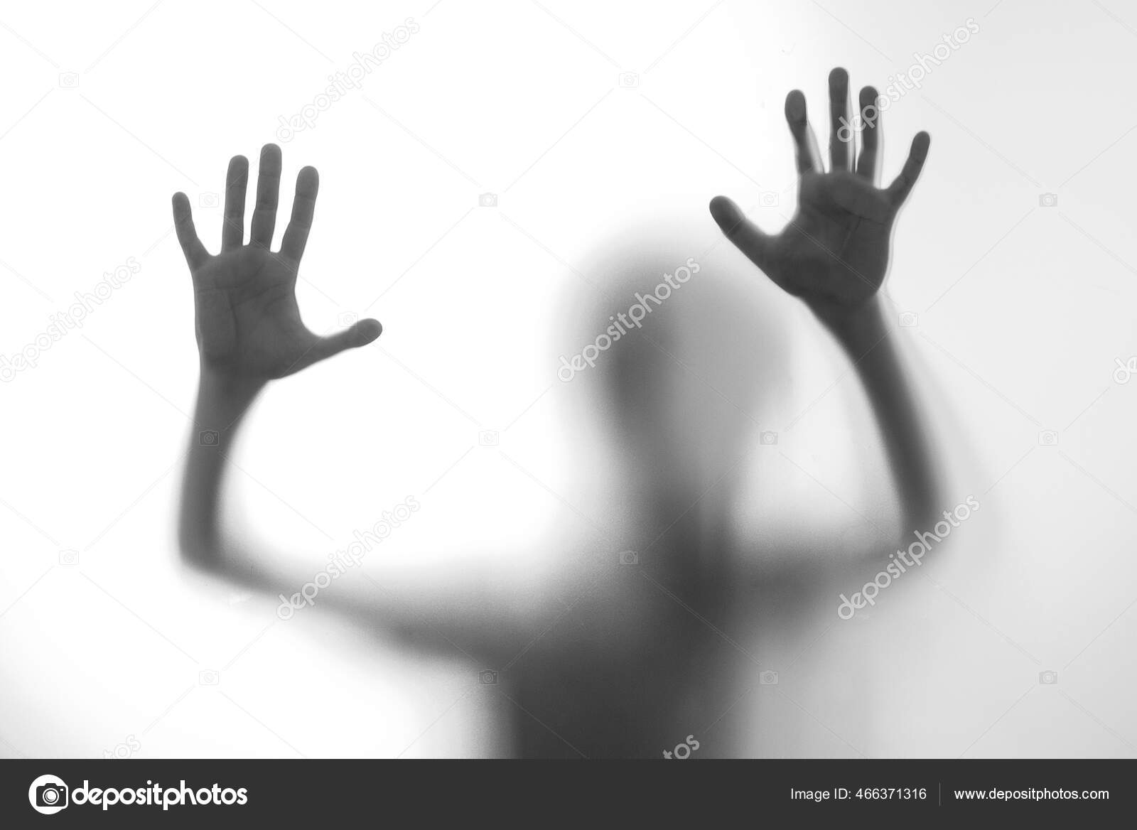 Silhouette Scared Boy Stand Glass Door Kid Showing Two Hands Stock ...