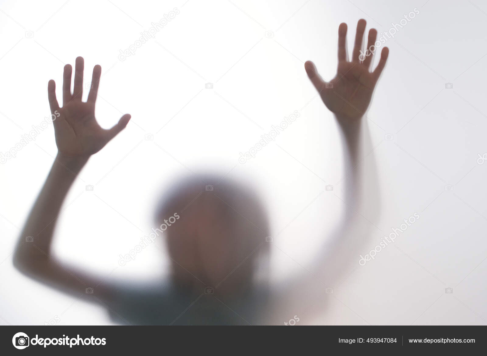 Silhouette Scared Boy Stand Glass Door Kid Showing Two Hands — Stock ...