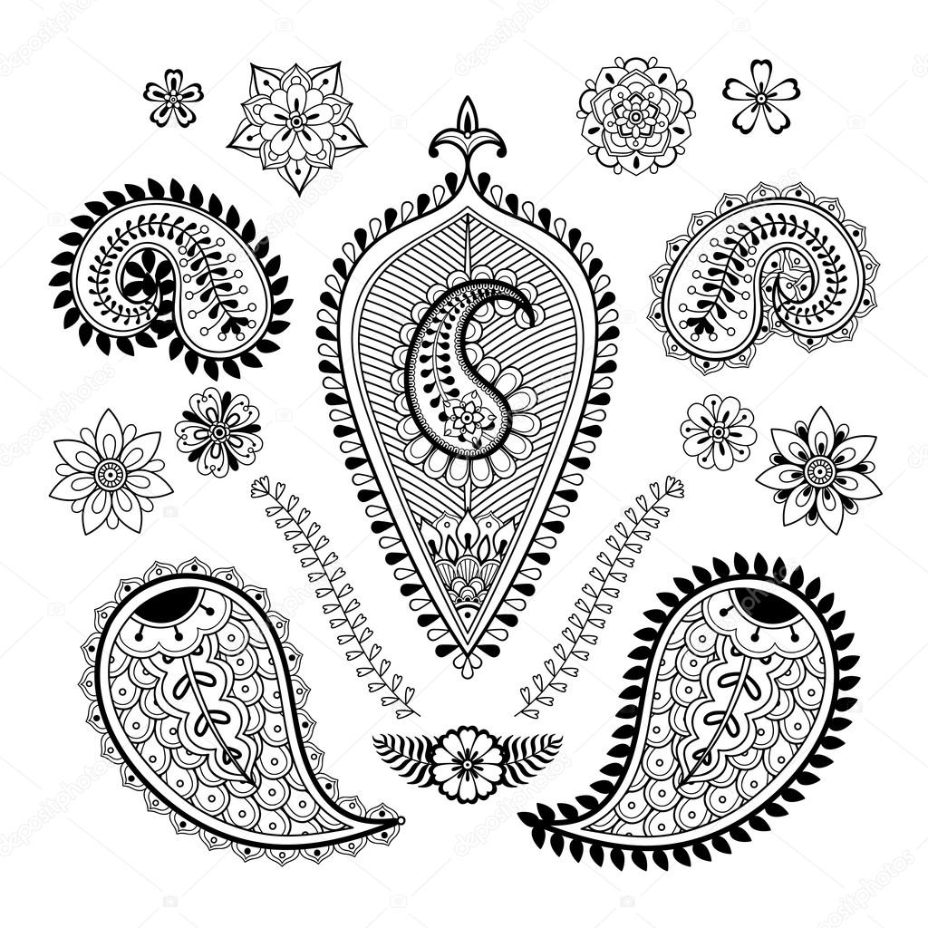 Set of abstract flowers and paisley elements in Indian mehndi st Stock ...