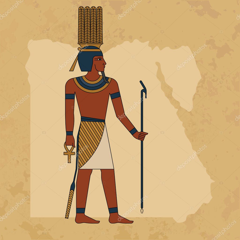 El antiguo dios egipcio Anhur pintó sobre el telón de fondo de un mapa ...