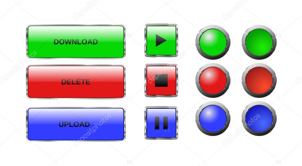 Vector. Isolated buttons. Glass buttons. Web button icons for internet: play button, stop button ...
