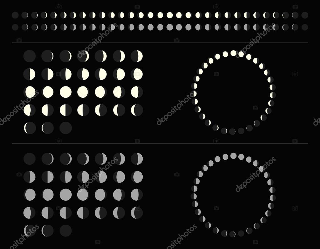 Conjunto de esquemas de fases lunares: círculo, línea, calendario lunar ...