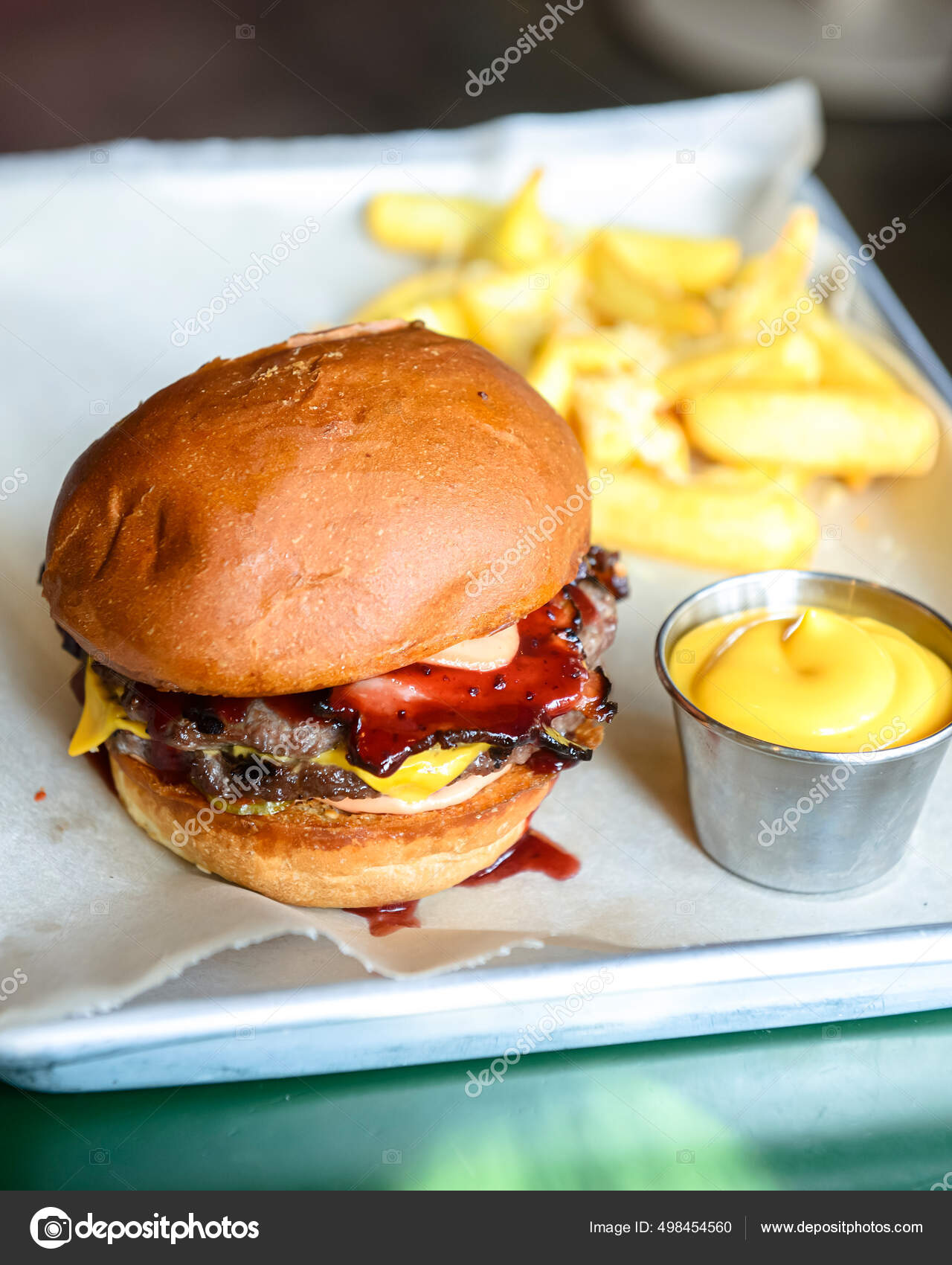 Bacon Burger Beef Patty Tray Served French Fries Cheese Sauce — Stock ...