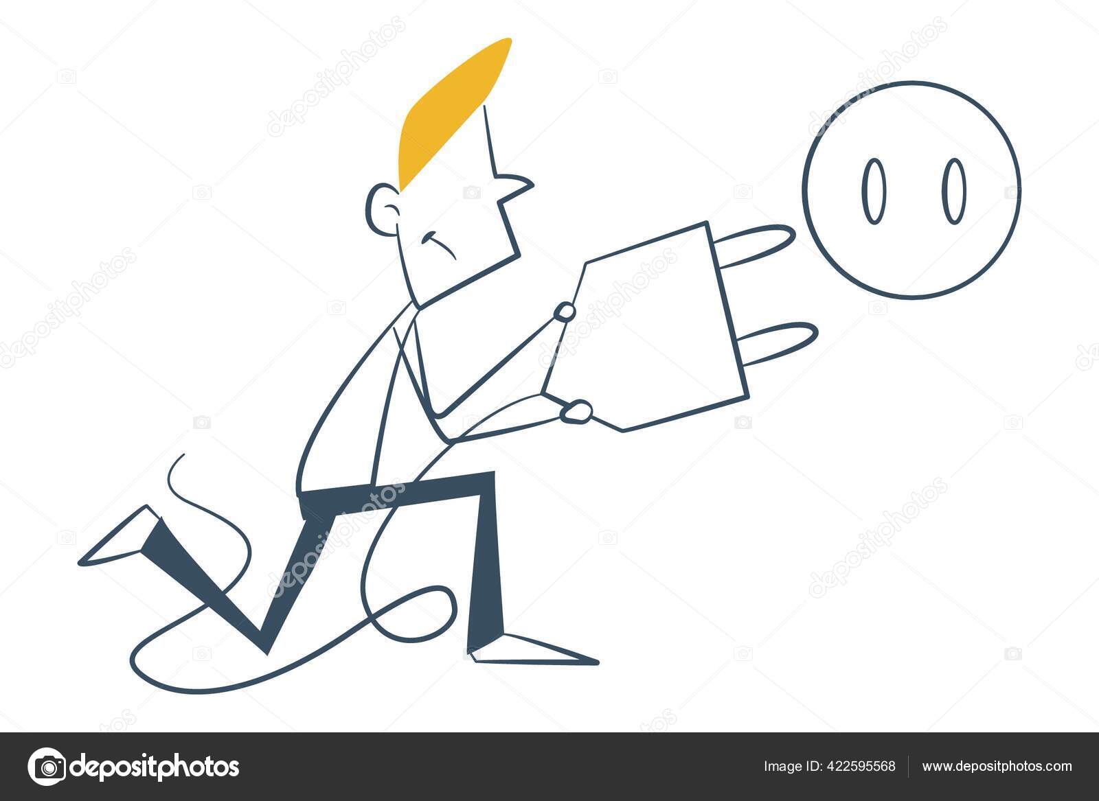 Vector Cartoon Illustration Line Man Holding Plug Hand Isolated White ...