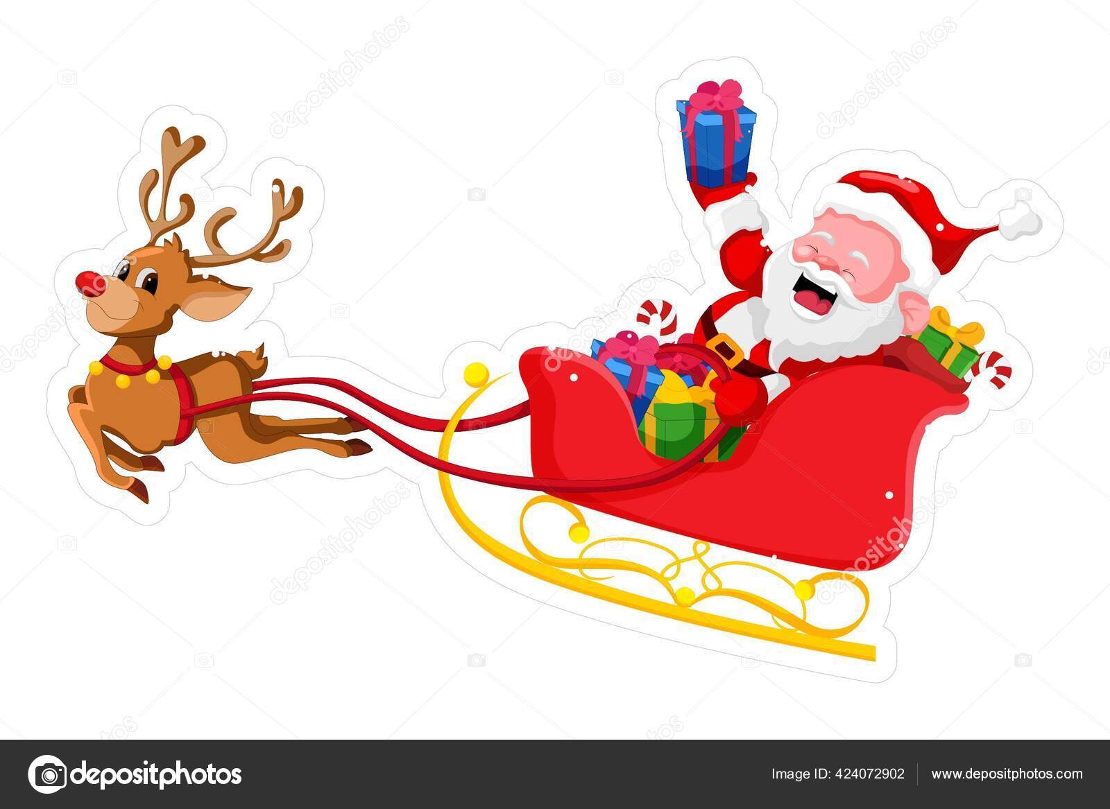 Vector Cartoon Illustration Santa Claus Riding Reindeer Sleigh Isolated ...