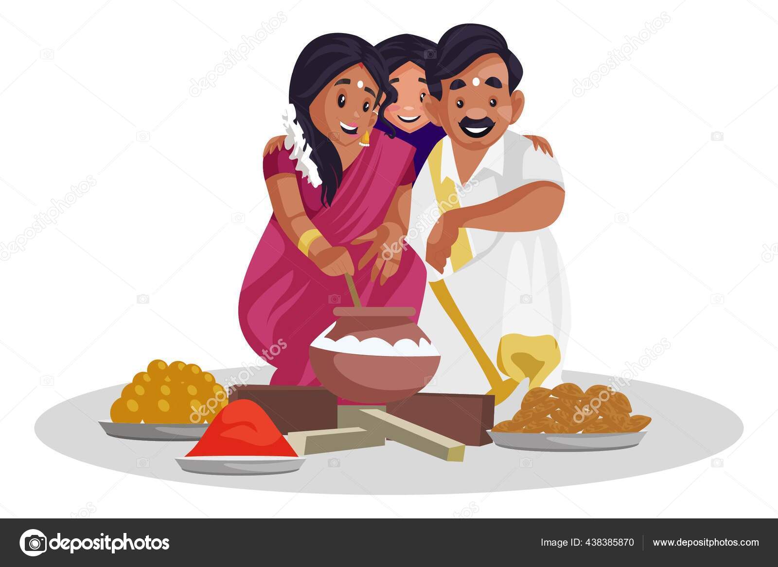 Vector Graphic Illustration Tamil Family Cooking Food Pongal Festival ...