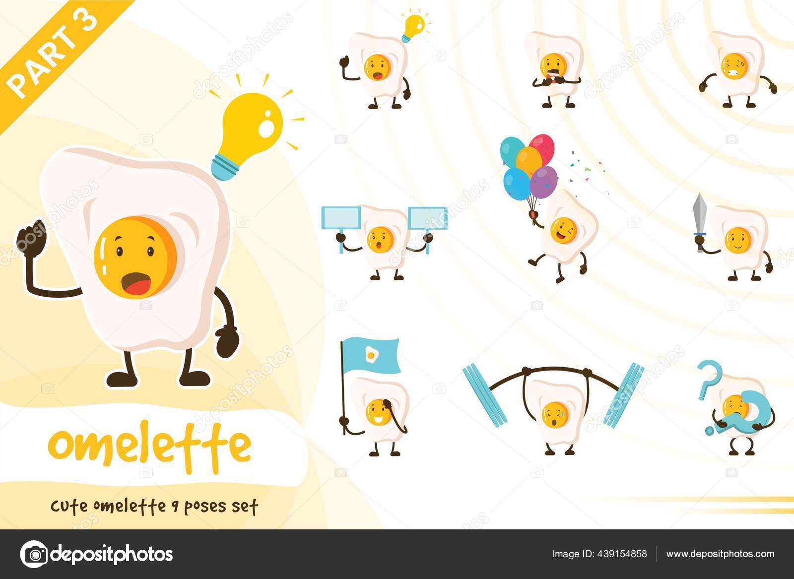 Cartoon Omelette Poses Set Vector Illustration Isolated White ...