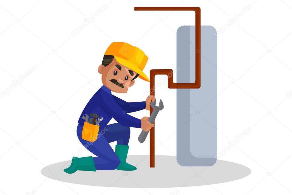 Ilustración gráfica vectorial. El fontanero está reparando la tubería ...