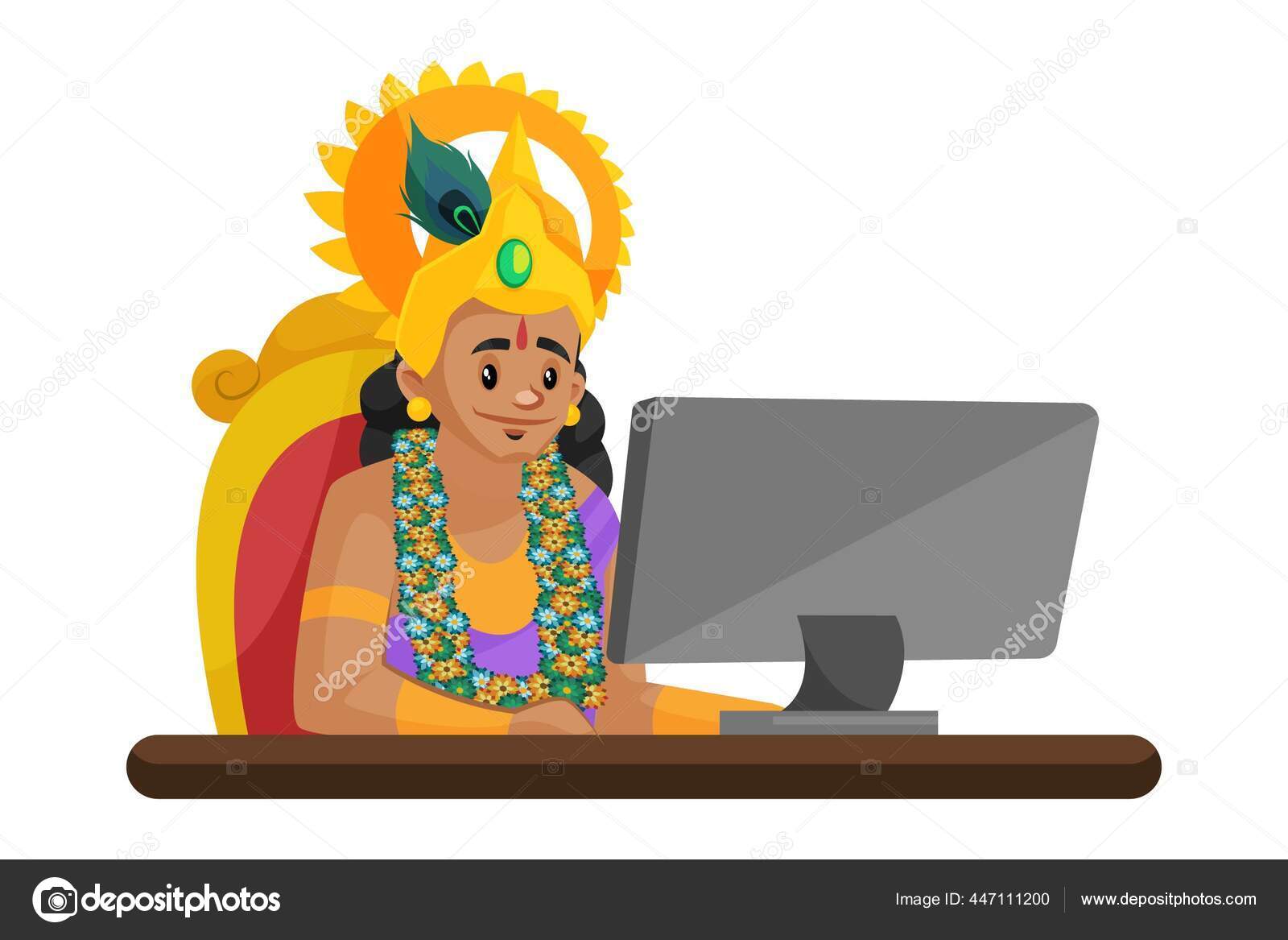 Vector Graphic Illustration Lord Krishna Working Computer Individually ...