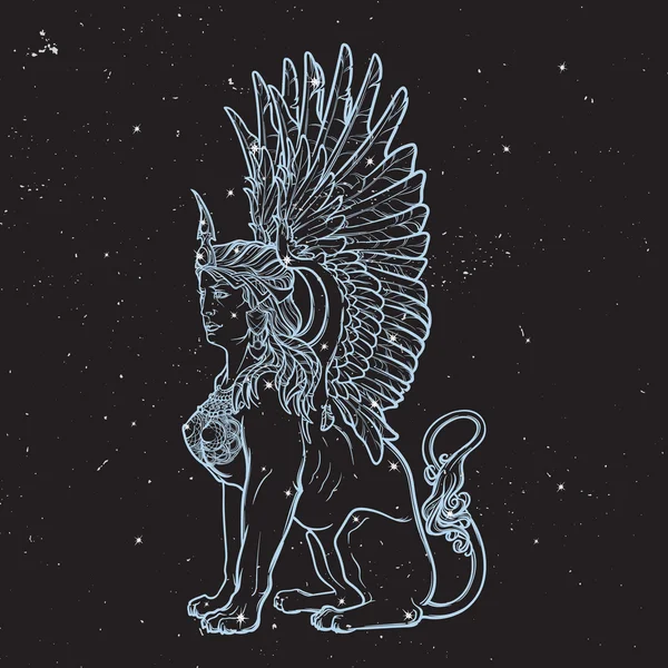 Sketch drawing of sitting sphinx on a decorative background. Stock ...