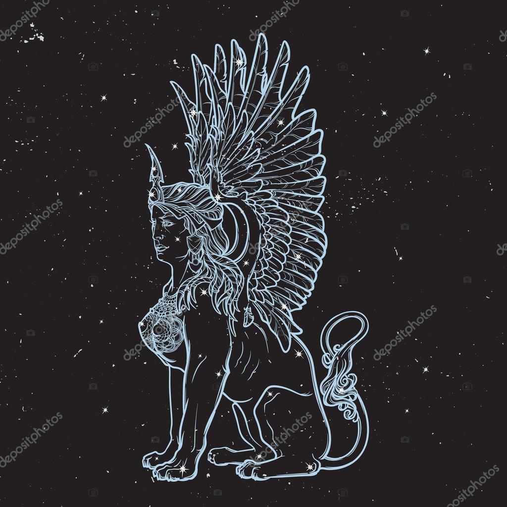 Sketch drawing of sitting sphinx. Night sky background. Stock Vector ...