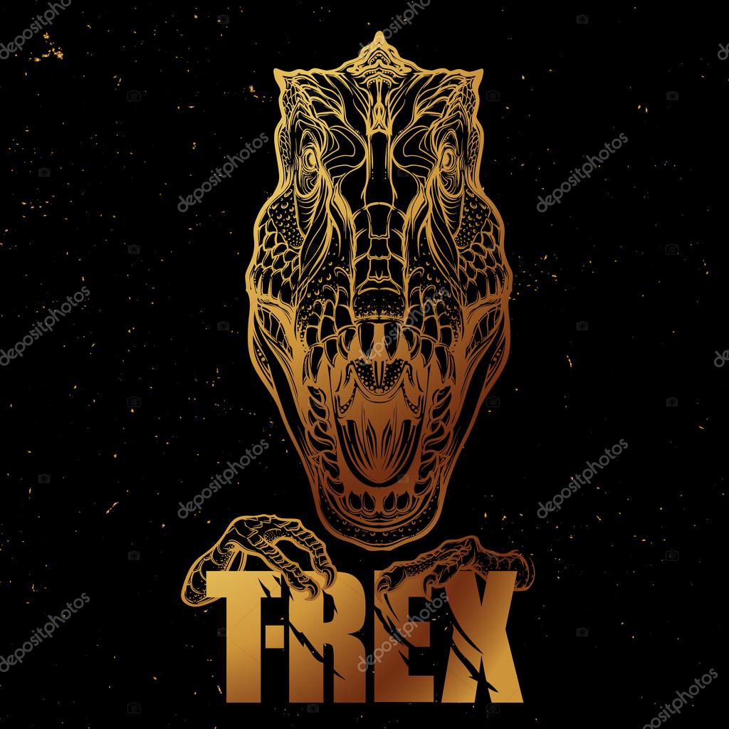 Tyrannosaurus roaring head with t-rex sign. Golden on black. Stock ...