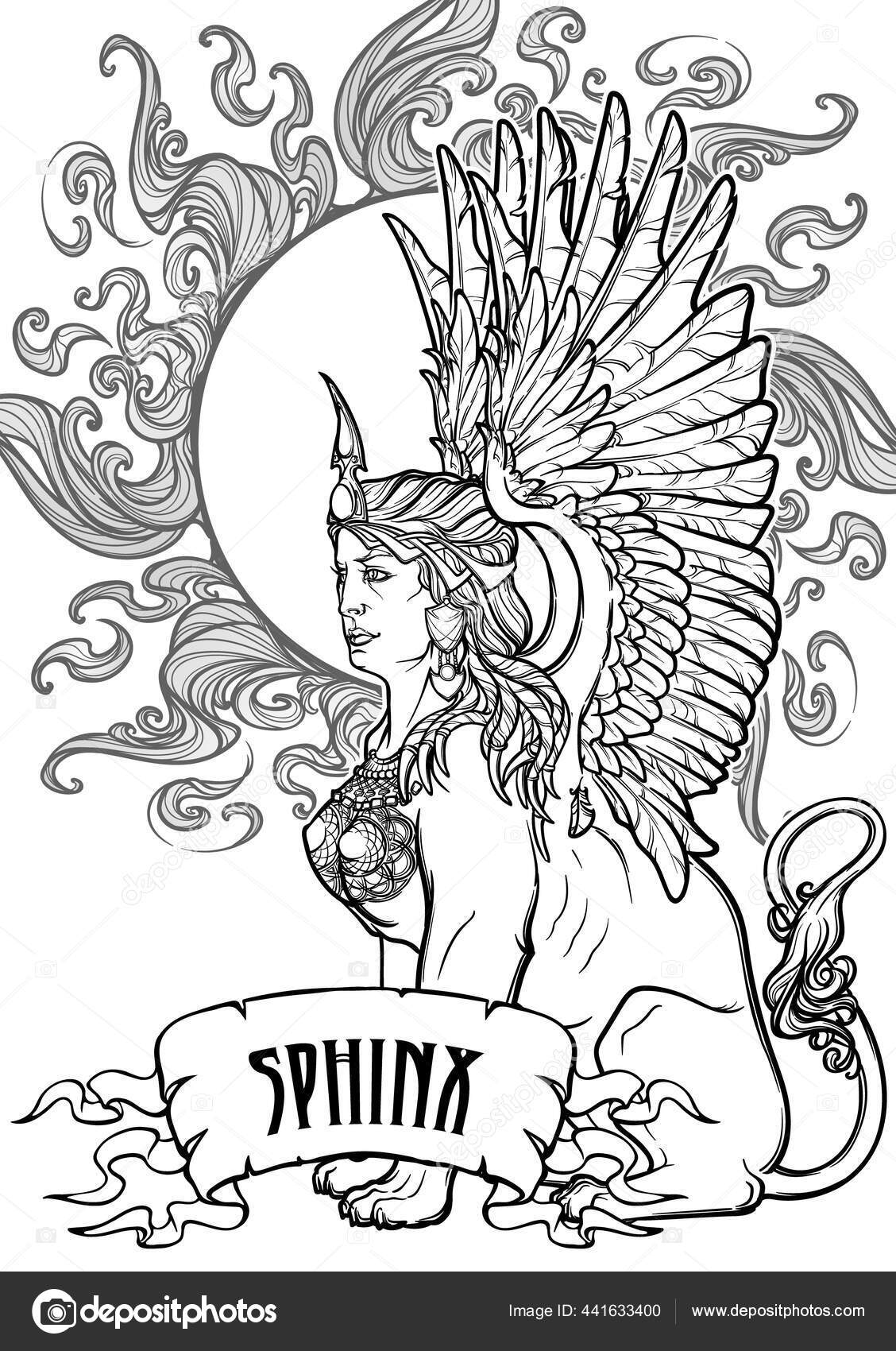 Sketch drawing of sitting sphinx on a decorative background. Stock ...
