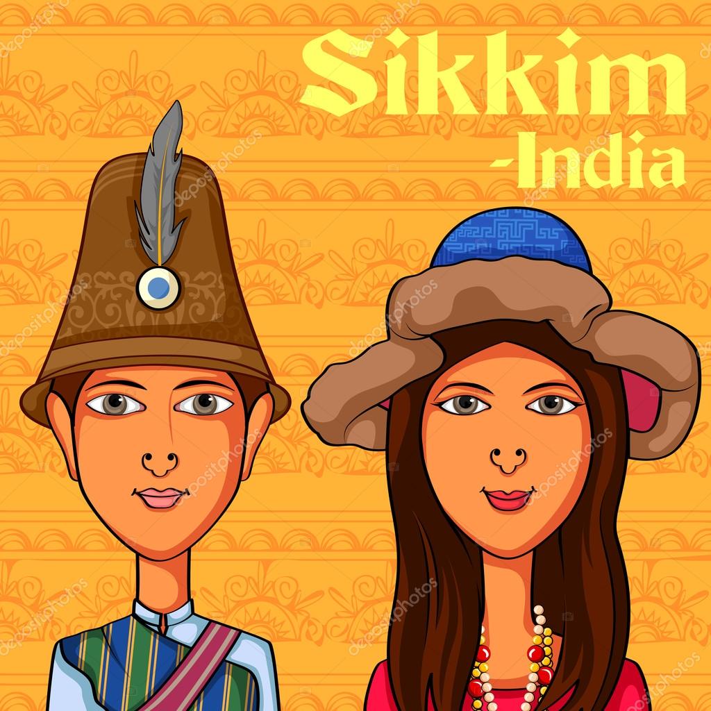 Sikkimese Couple in traditional costume of Sikkim, India — Stock Vector ...