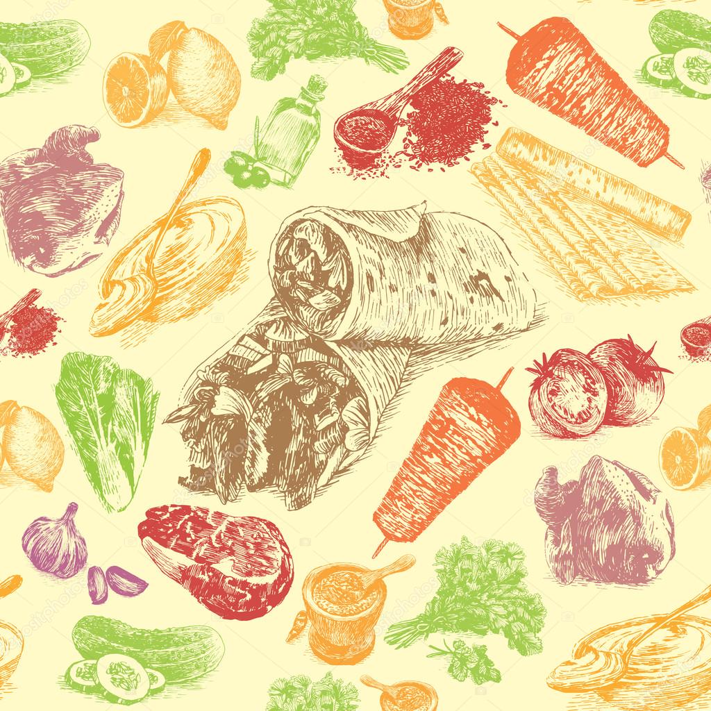 Vector illustration of shawarma ingredients with beef in seamless ...