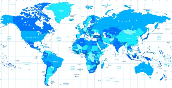 Detailed World Map in colors of blue and 3D square pin icons — Stock ...