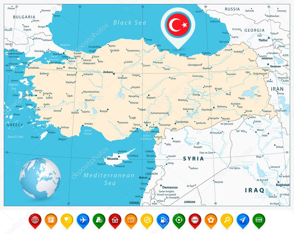 Detailed road vector map of Turkey and colorful map pointers Stock ...