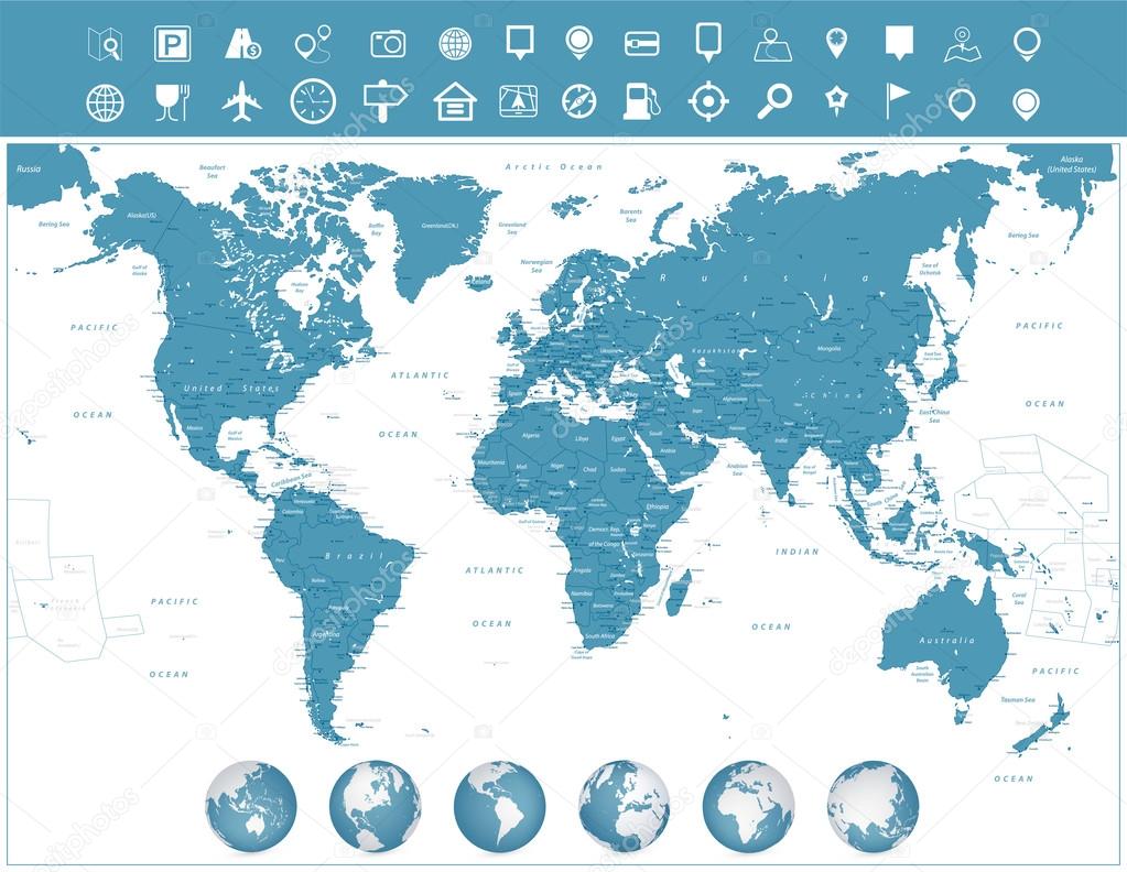 Mapa del mundo e iconos de navegación con globos 2023