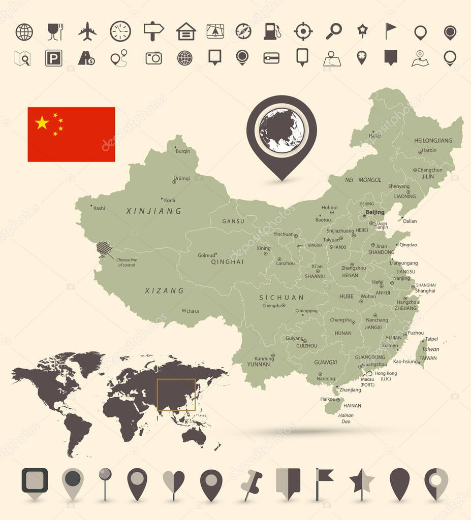 Mapa China Mapa Del Mundo Con Iconos Navegación Mapa Detallado Vector ...