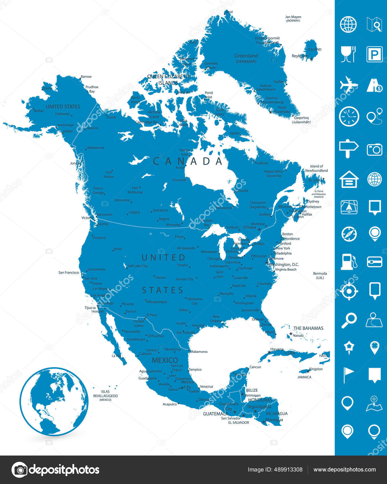 Nordamerika Kort Navigationskort Ikoner Meget Detaljeret Kort Alle ...