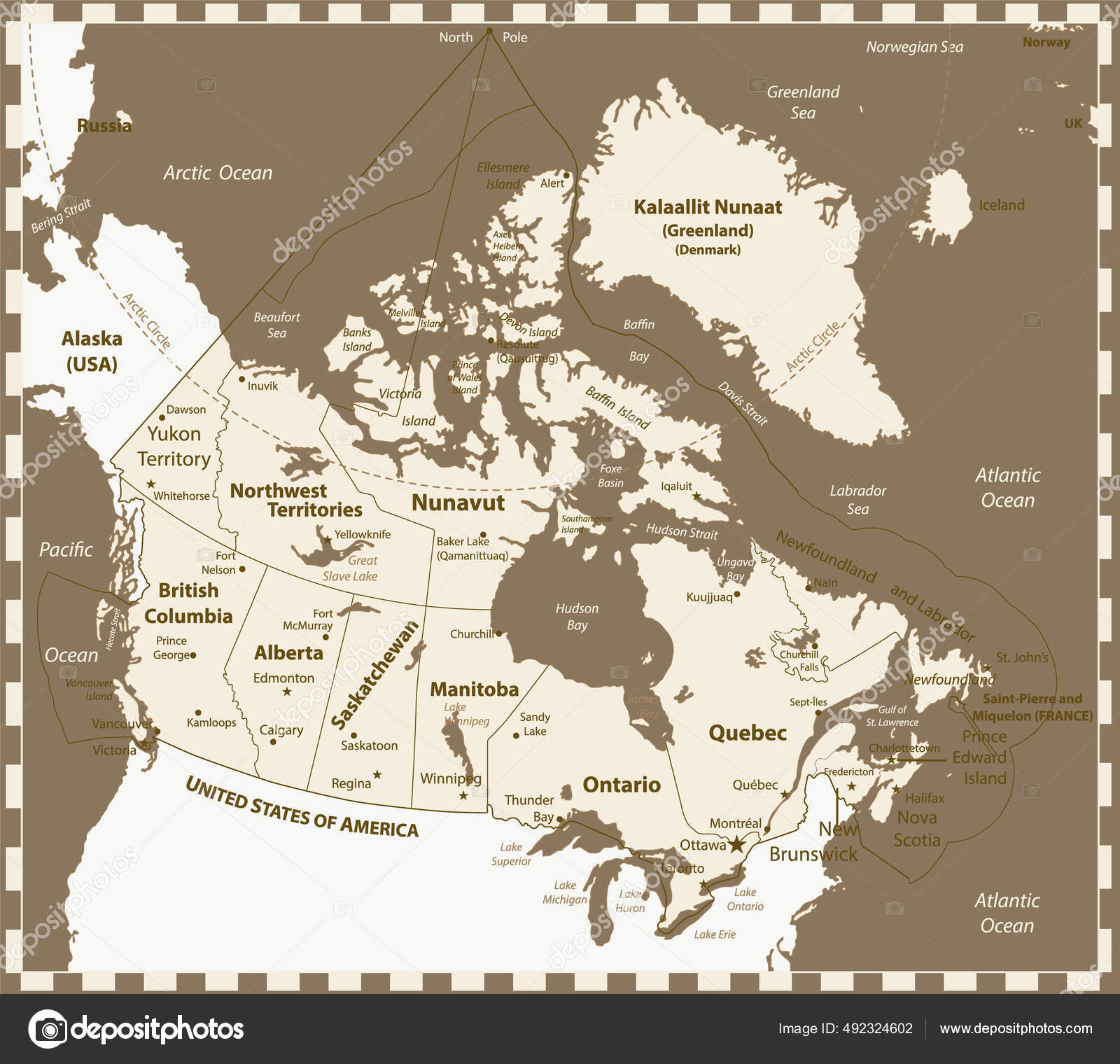 Carte Canada Ancien Stylisé Régions Provinces Illustration Vectorielle ...