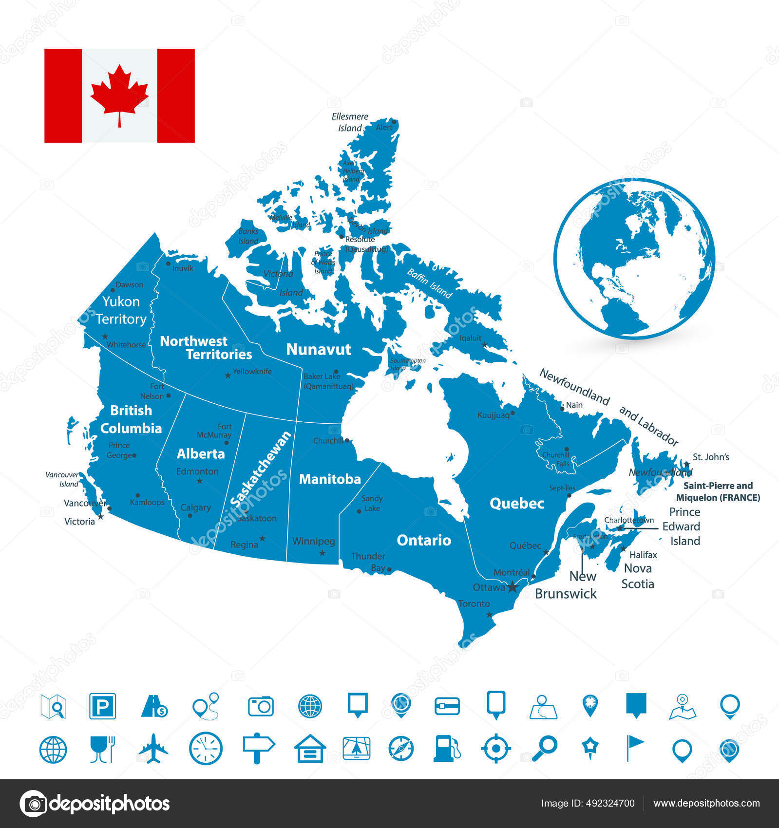 Canada Mapa Iconos Del Mapa Navegación Mapa Altamente Detallado Vector ...