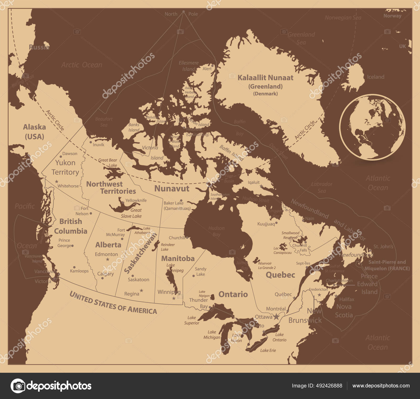 Canada Antique Map Old Stylized Map Highly Detailed Vector Illustration ...