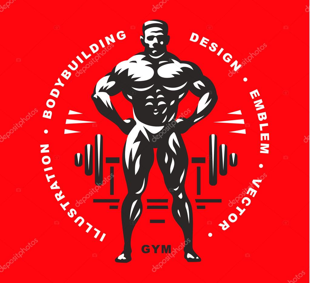 Bodybuilder emblem illustration on red background Stock Illustration by ...