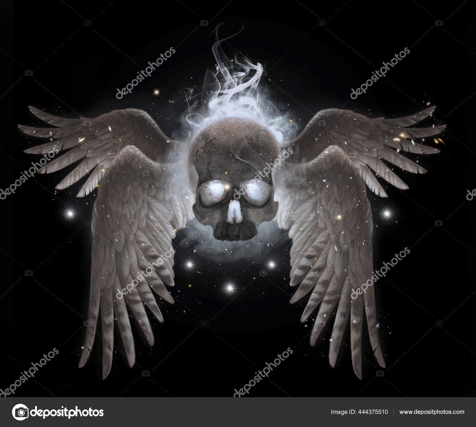 Flying Human Skull Wings Smoke Realistic Illustration Isolated Black ...