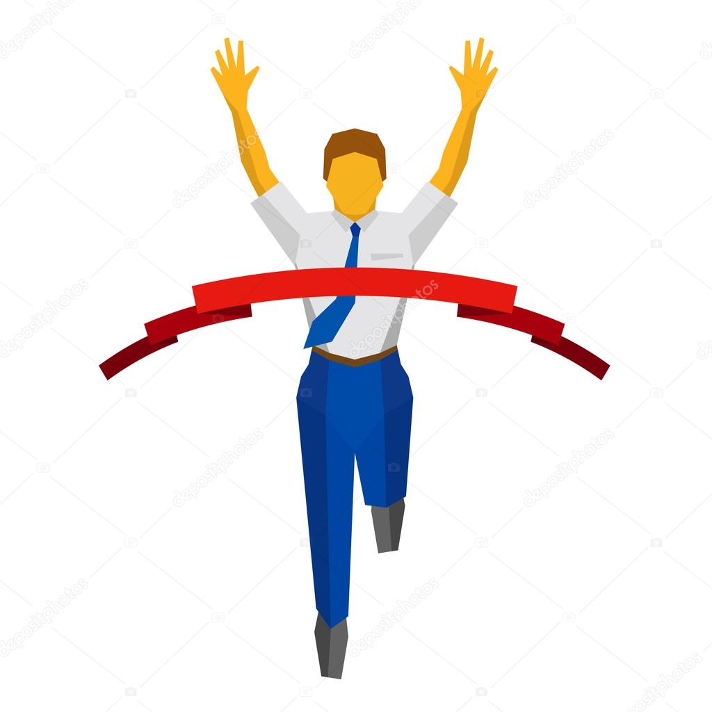Running businessman crosses a finish line red ribbon. Front view ...