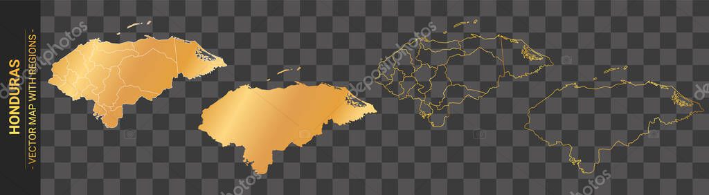 conjunto de 4 mapas políticos de oro de Honduras con regiones aisladas ...