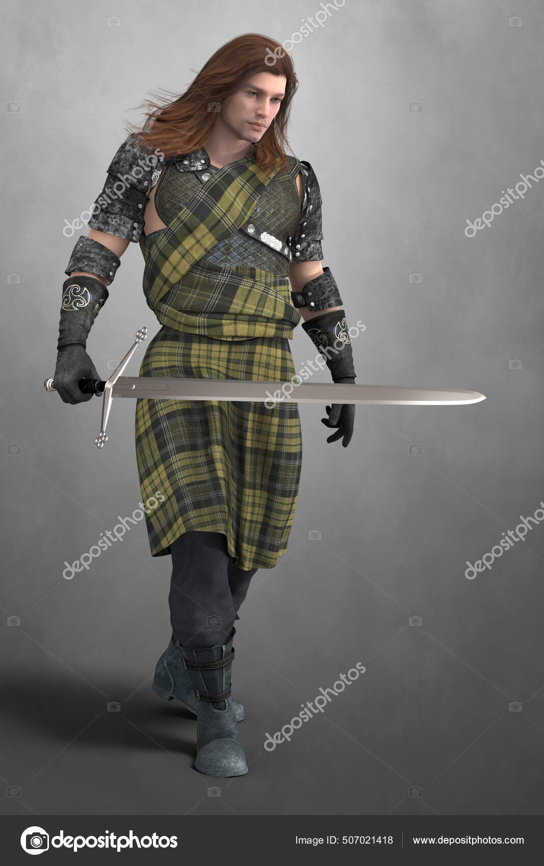 Romantic Highlander Man Walking Claymore Sword Rendered Softer Style ...