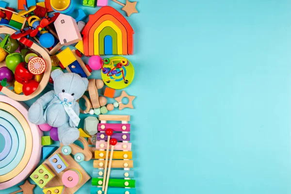 Baby kids toy banner background. Many colorful educational toys on ...