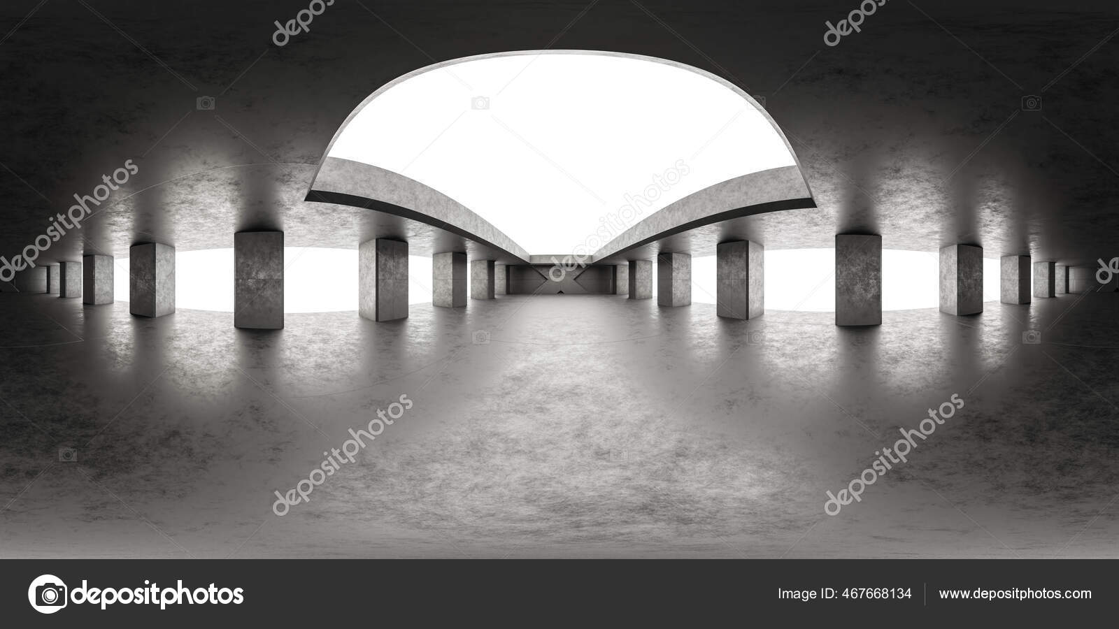 Full 360 degree panorama view of industrial hall building with open ...