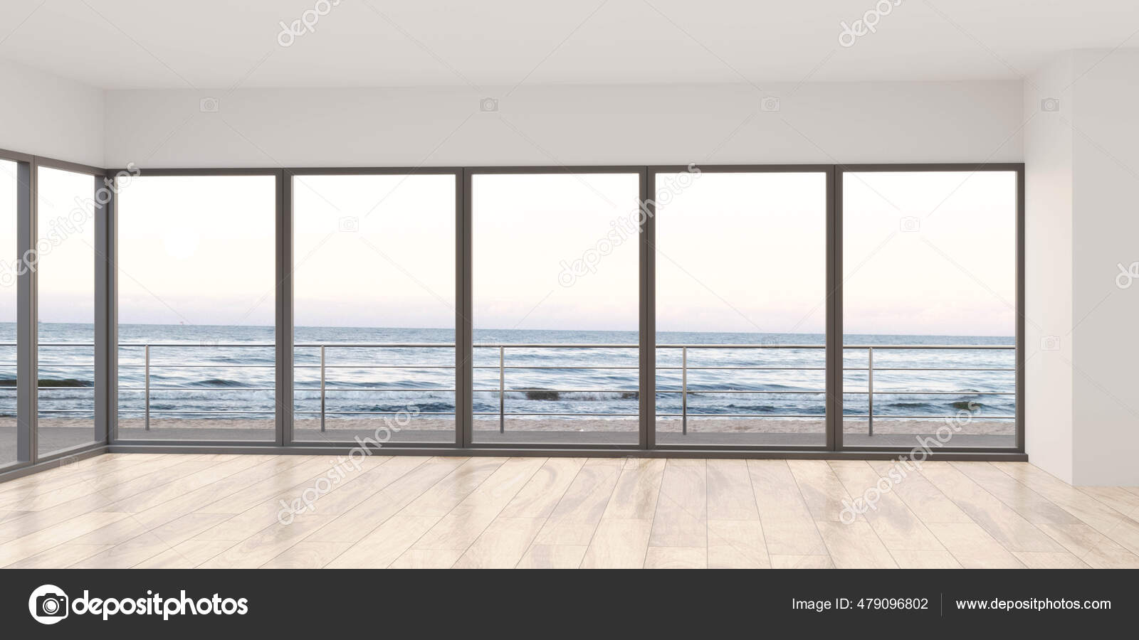Empty sea view living room with wooden floor and empty white wall ...