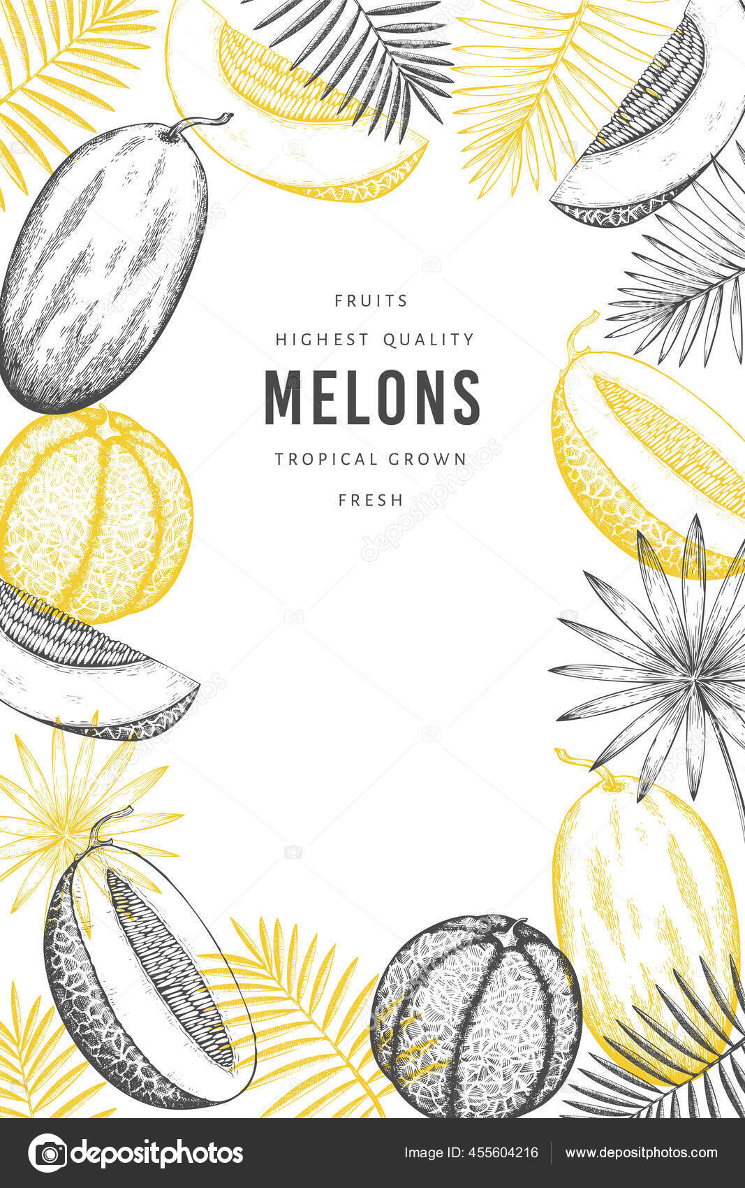 Melons Tropical Leaves Design Template Hand Drawn Vector Exotic Fruit ...