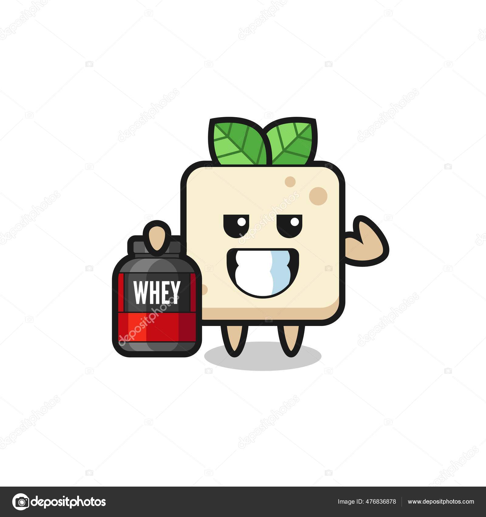 Muscular Tofu Character Holding Protein Supplement Cute Style Design ...