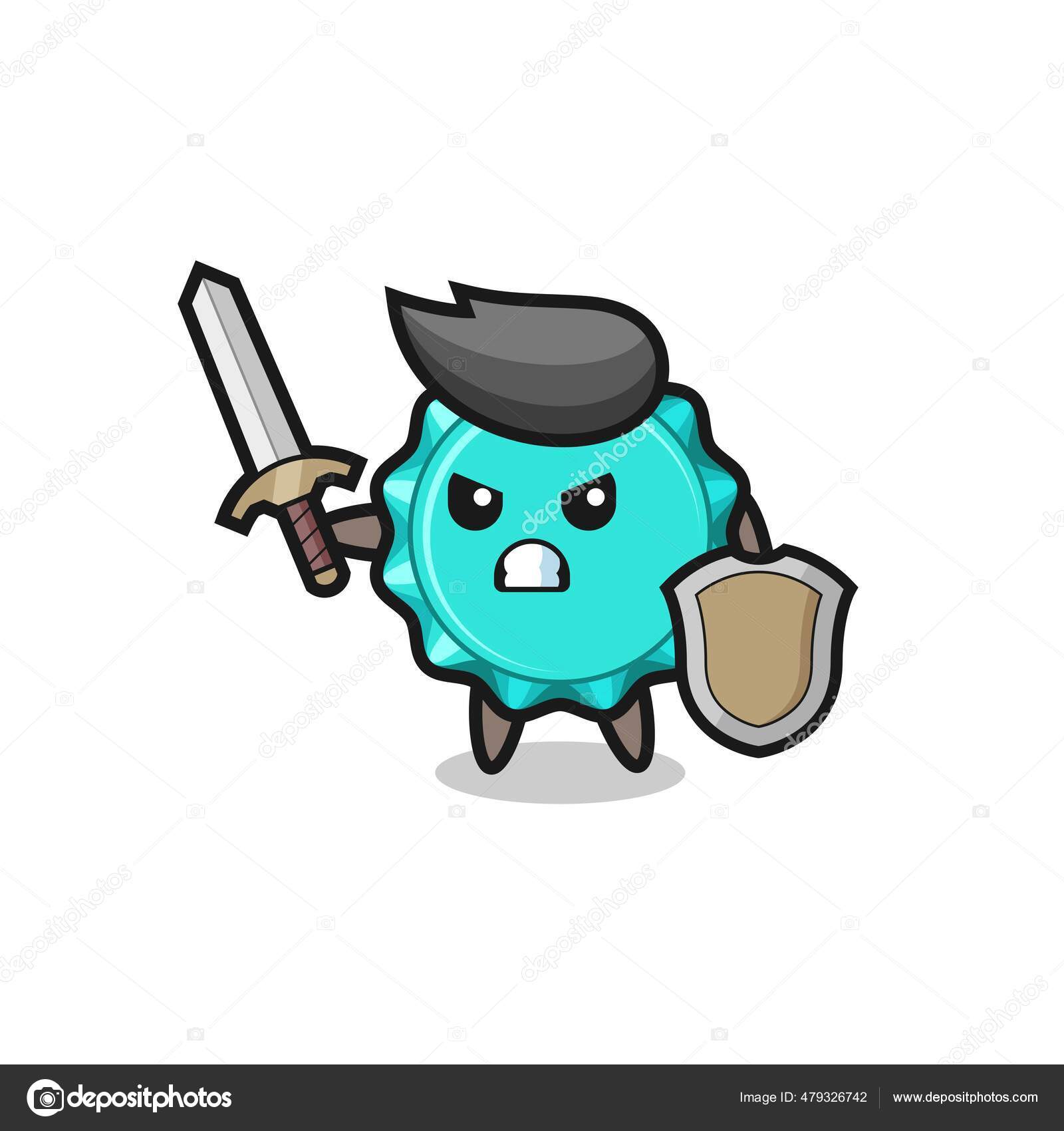 Cute Bottle Cap Soldier Fighting Sword Shield Cute Style Design Stock ...