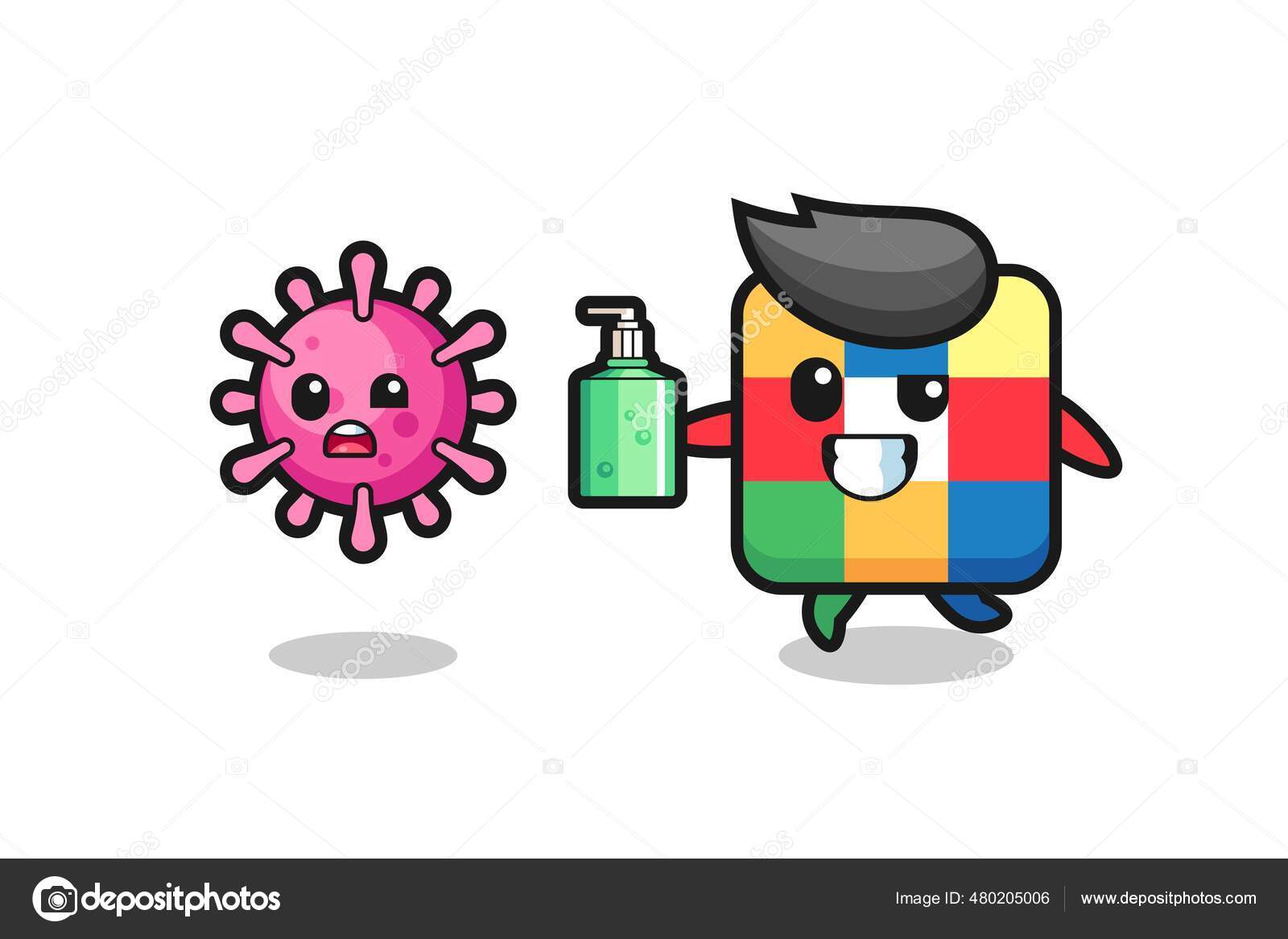 Illustration Rubik Cube Character Chasing Evil Virus Hand Sanitizer ...
