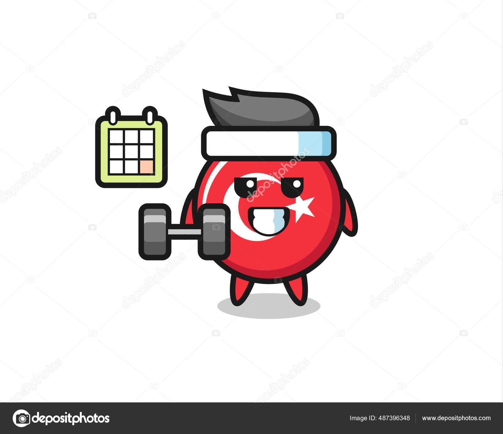 Turkey Flag Badge Mascot Cartoon Doing Fitness Dumbbell Cute Style ...