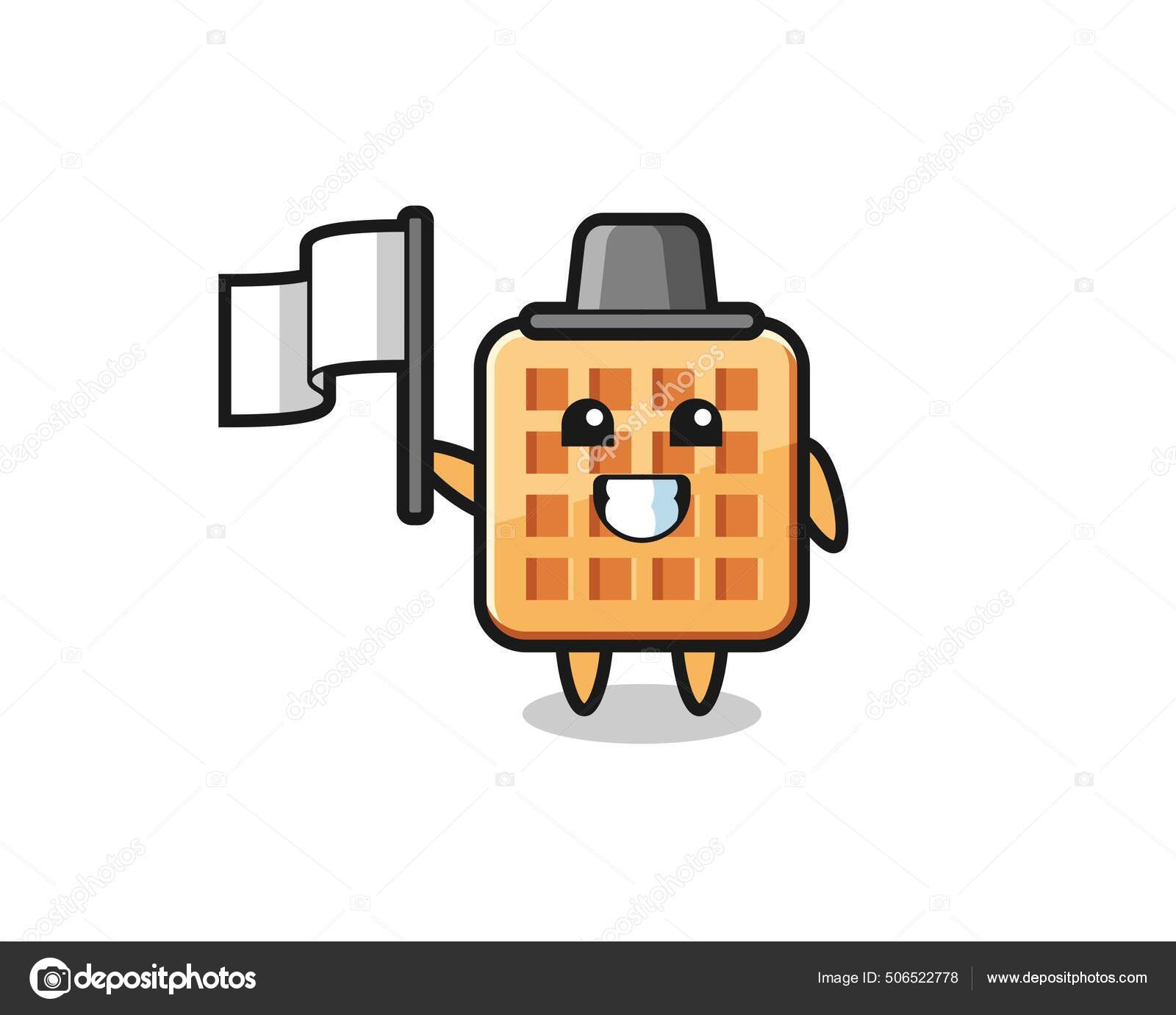 Personaje Dibujos Animados Waffle Sosteniendo Una Bandera Lindo Diseño ...
