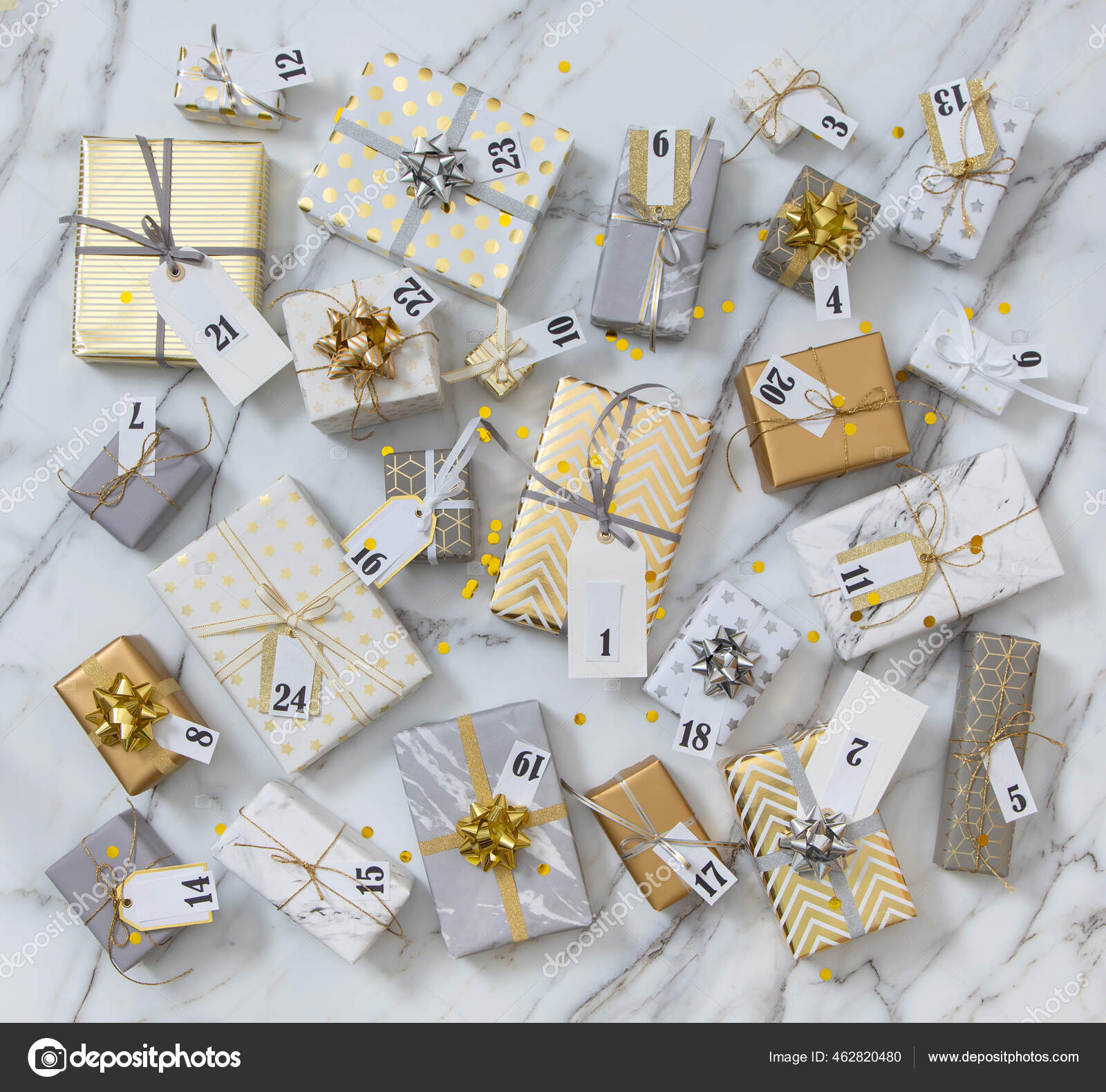 Many Gift Boxes Labels Numbers Wrapped Glossy Classical Pack Ready ...