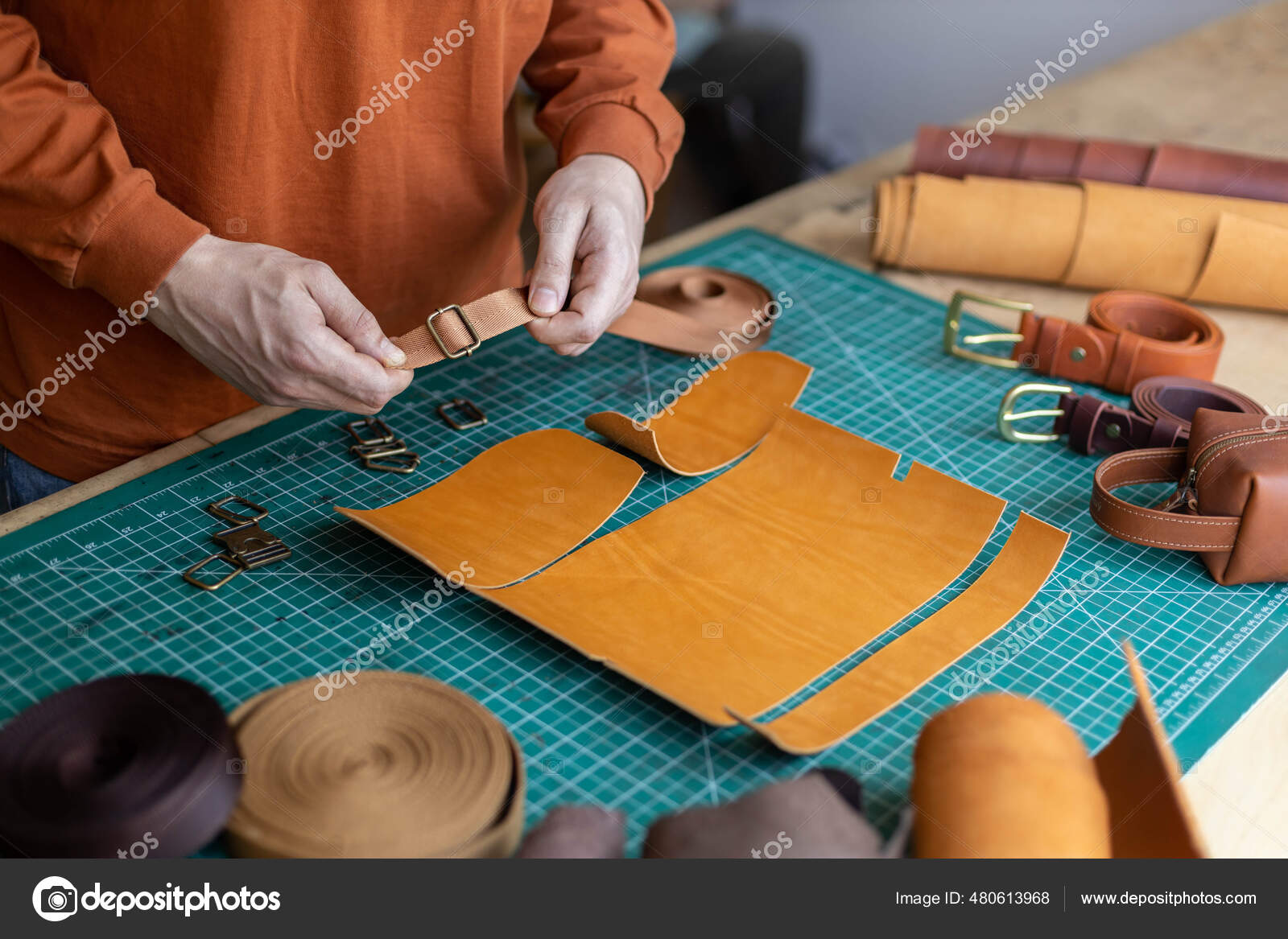 Process cutting scheme of bag with equipment and materials. Male tanner ...