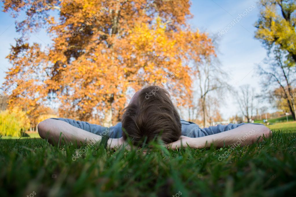 Laying on Grassy Ground Looking at Sky Relaxing Public Park — Stock ...