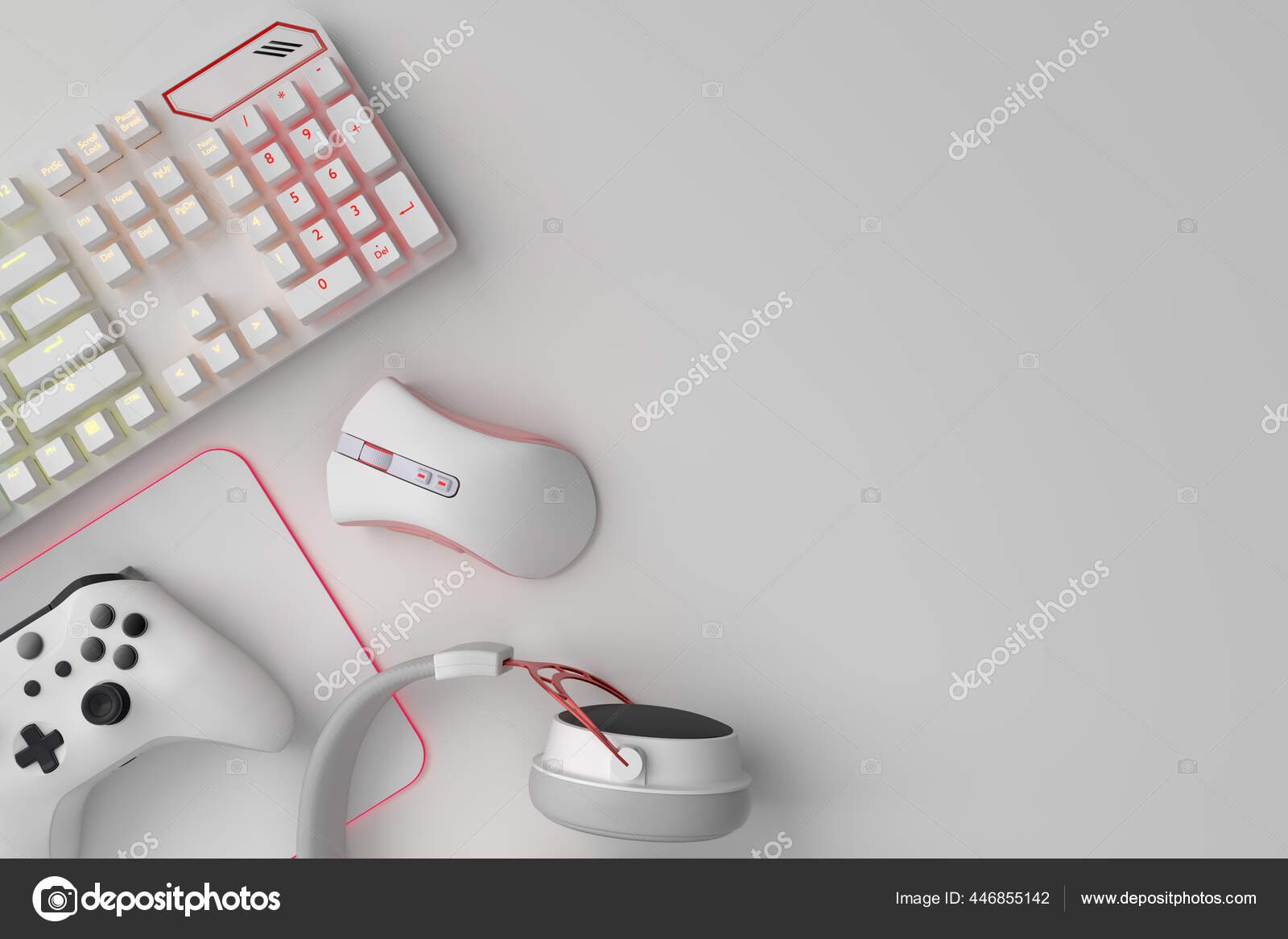 Top view of gamer workspace and gear like mouse, keyboard, joystick ...