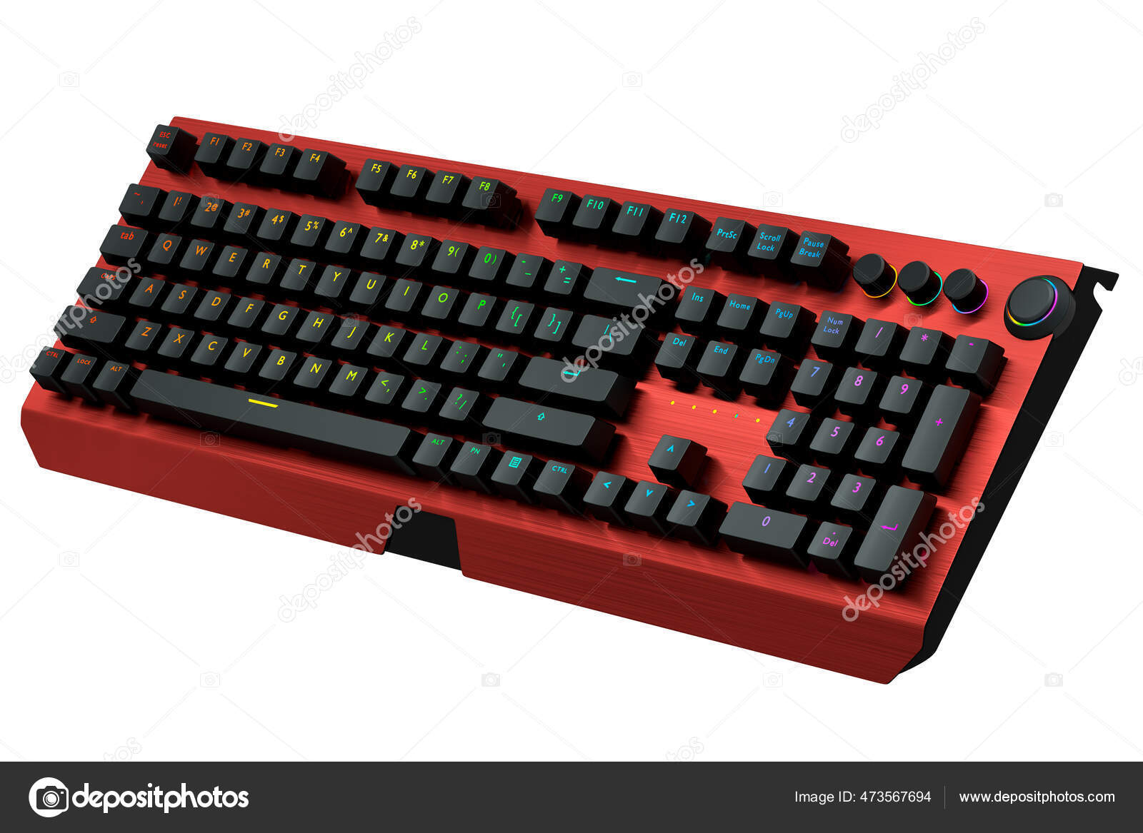 Red computer keyboard with rgb colors isolated on white background ...