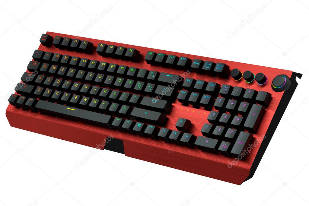 Teclado de ordenador rojo con colores rgb aislados sobre fondo blanco. 2024