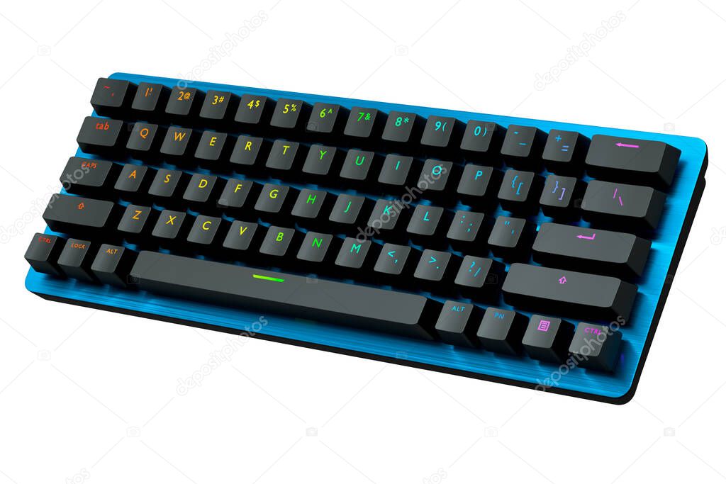 Teclado de ordenador azul con colores rgb aislados sobre fondo blanco. 2024